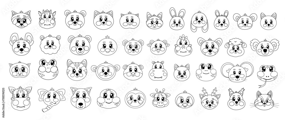 Very big outline set, collection of cute coloring head, face animals on ...