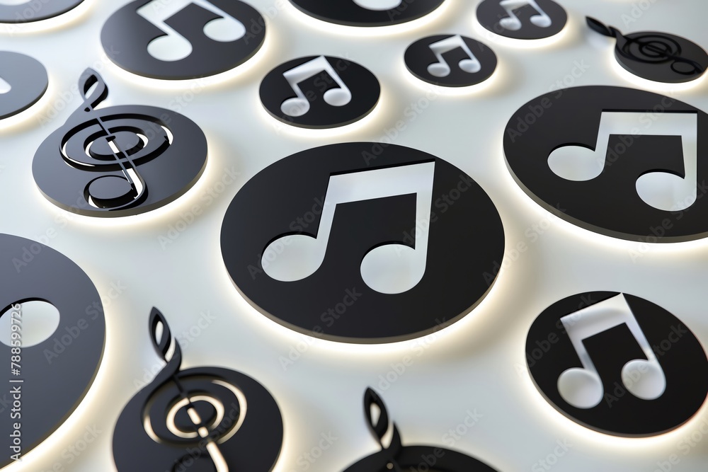 3d music notes in black and white on circular shapes on light grey ...