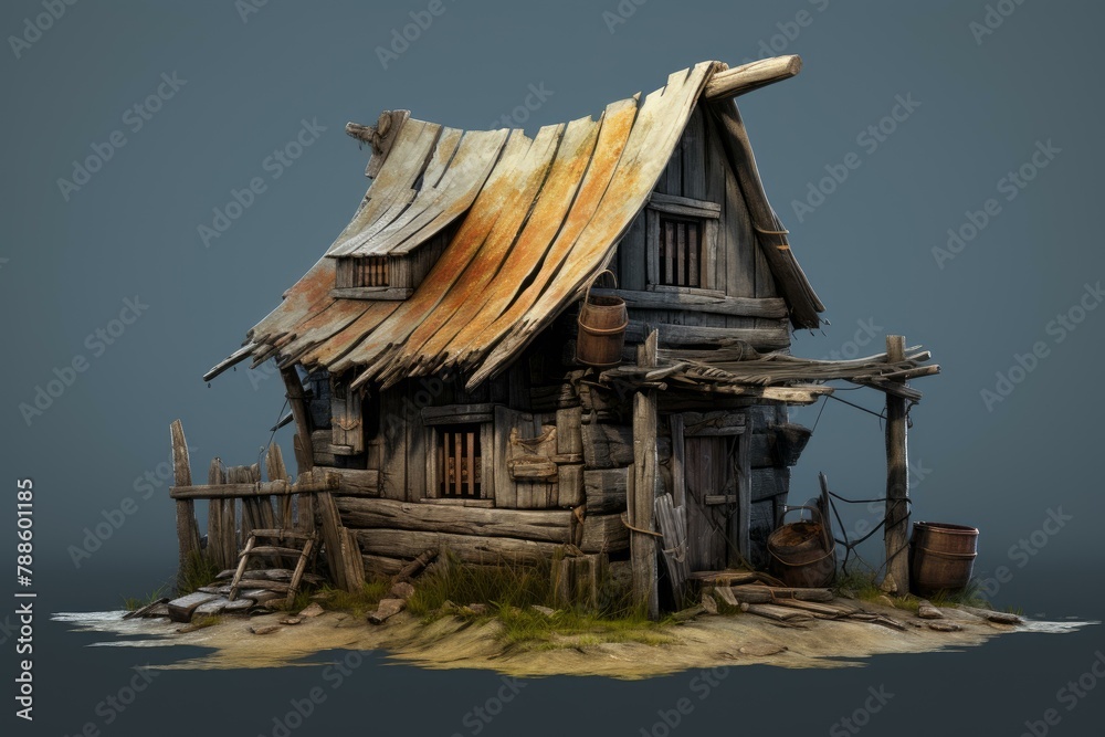 Verdant Shack wooden old pallets green grass. Cabin hut scene poor home ...