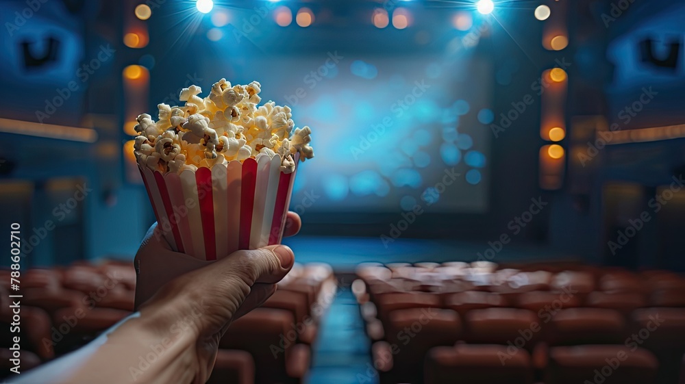cinema with a hand holding popcorn in front of a movie screen, while ...