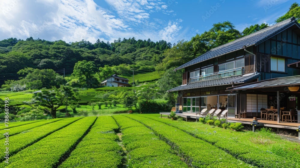 scenic tea plantation of Obuchi Sasaba in Fuji City, Shizuoka, with the ...