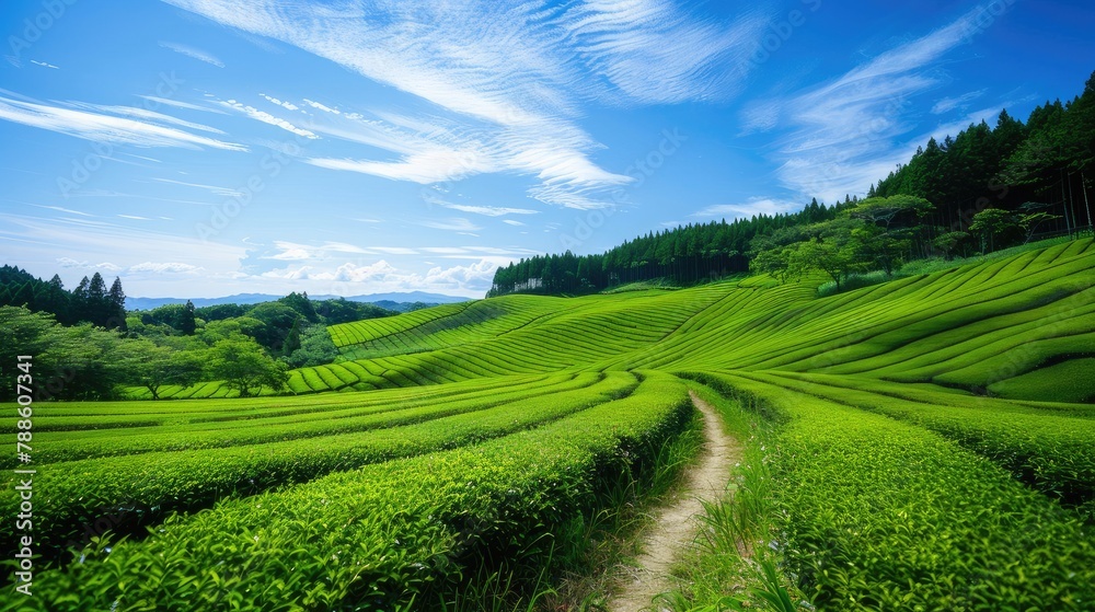 scenic tea plantation of Obuchi Sasaba in Fuji City, Shizuoka, with the ...