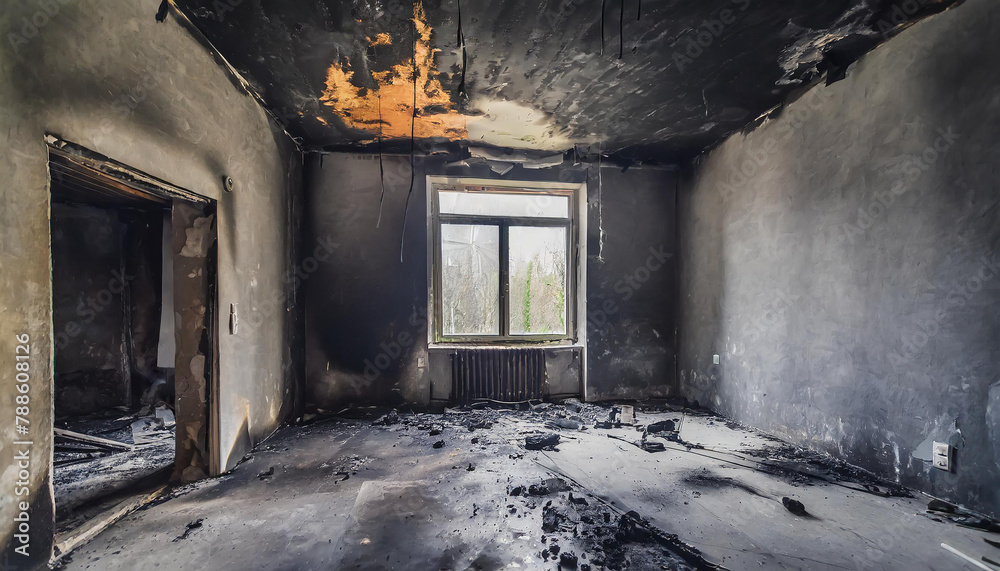 Empty burned room with window. Damaged apartment after house fire ...