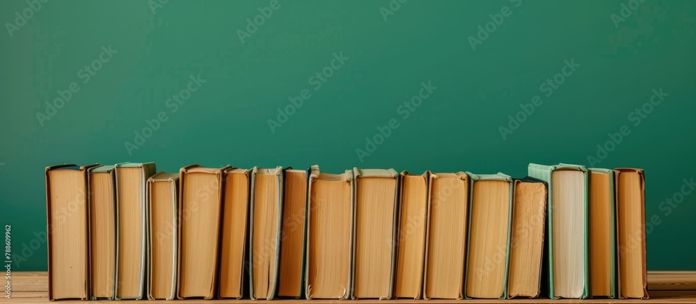 Composition of hardcover books arranged neatly on a wooden table with a ...