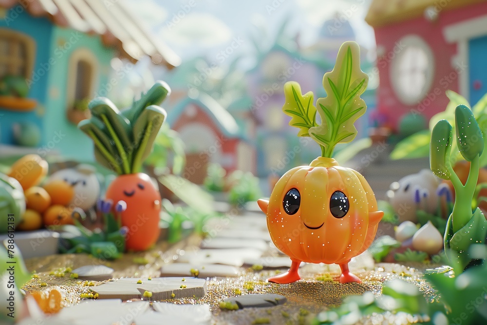 Craft an adorable scene featuring animated vegetable characters in a ...
