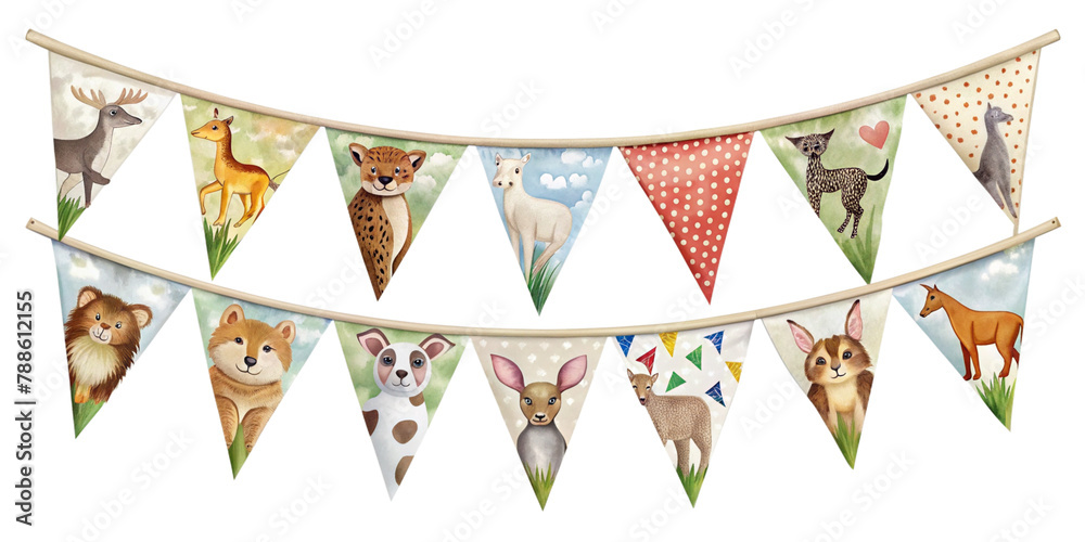 animal bunting flag isolated on transparent background, element remove ...