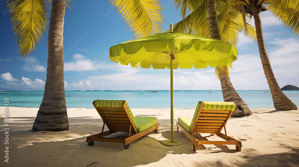 ภาพประกอบสต็อก Deux transat verts sur une plage paradisiaque. Sable fin ...