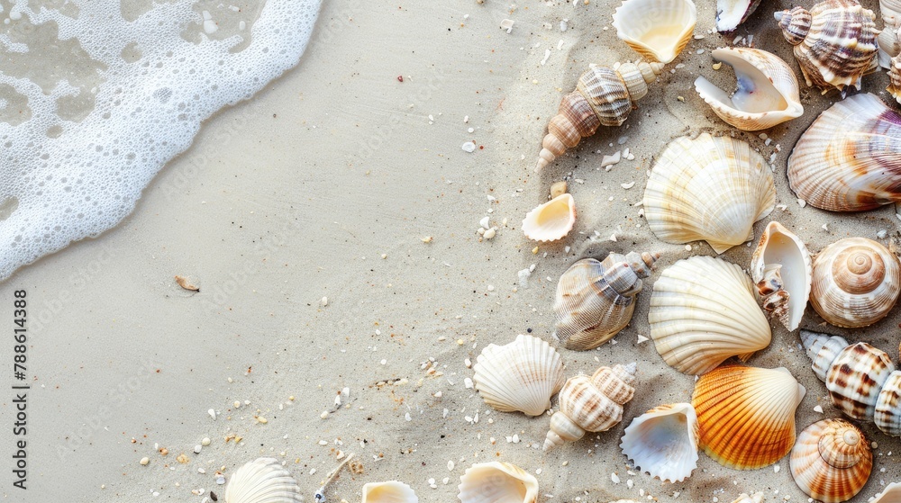 variety of seashells scattered on a sandy beach, a serene scene that ...