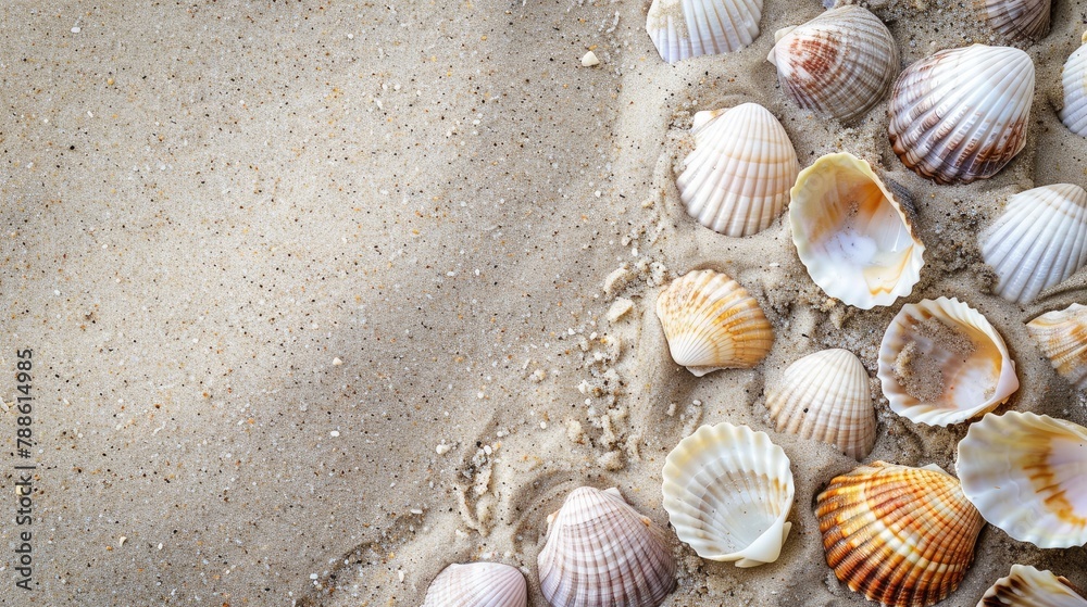 variety of seashells scattered on a sandy beach, a serene scene that ...