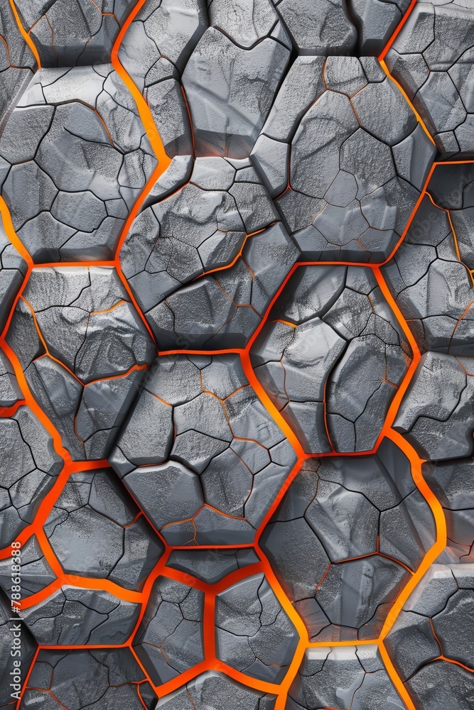 A digital art piece of hexagonal lava patterns on grey background, with ...