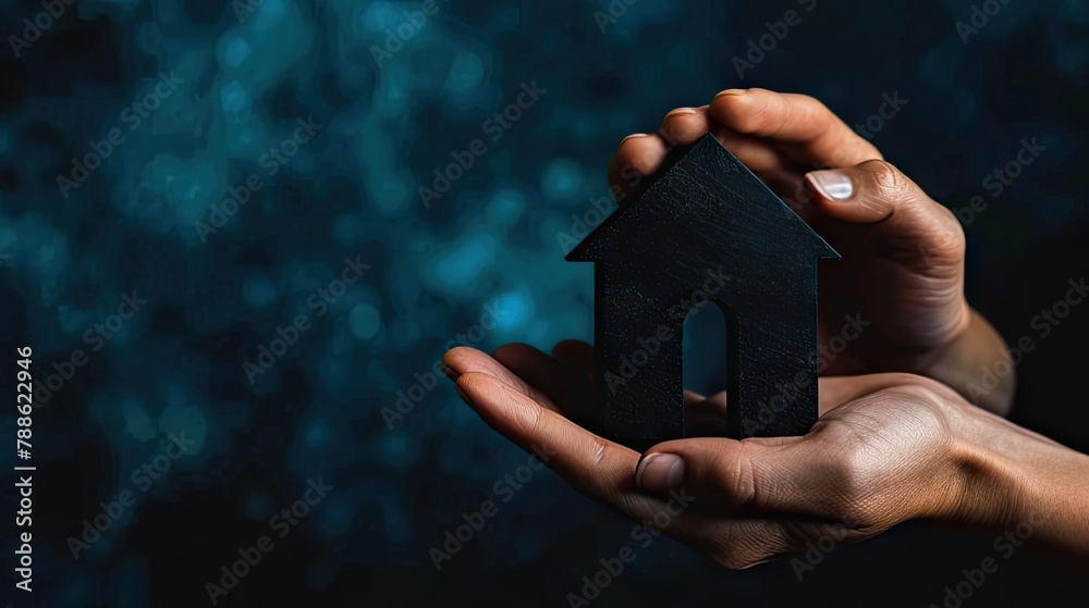 hand acting as a sheltering roof over a small house, symbolizing safety ...