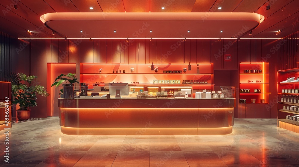 Capture a detailed, photorealistic eye-level angle podium display in a bustling, vibrant ...