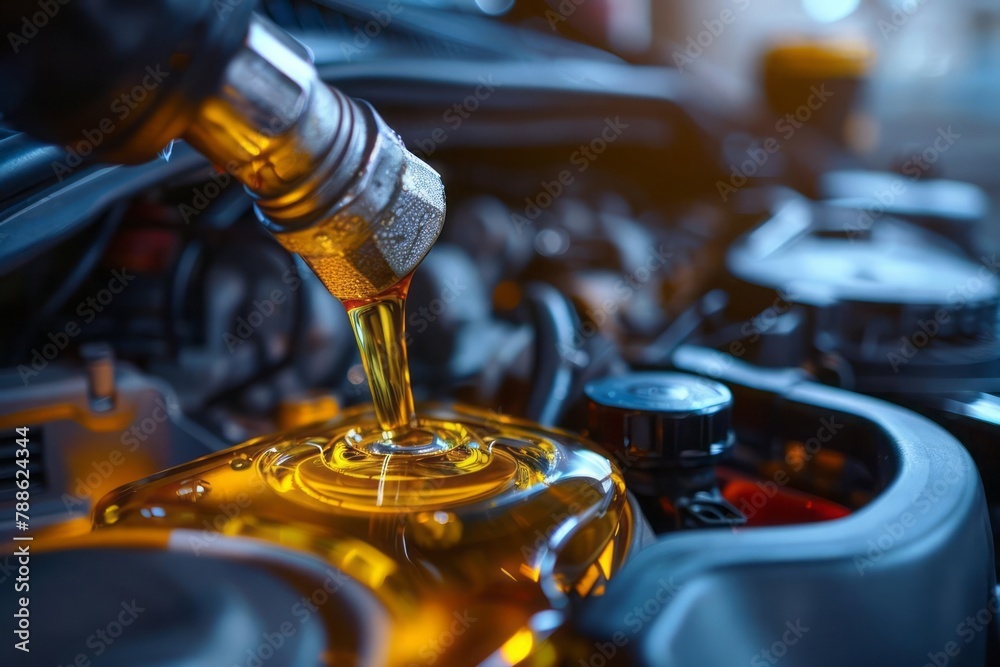 Refueling and pouring oil quality into the engine motor car ...