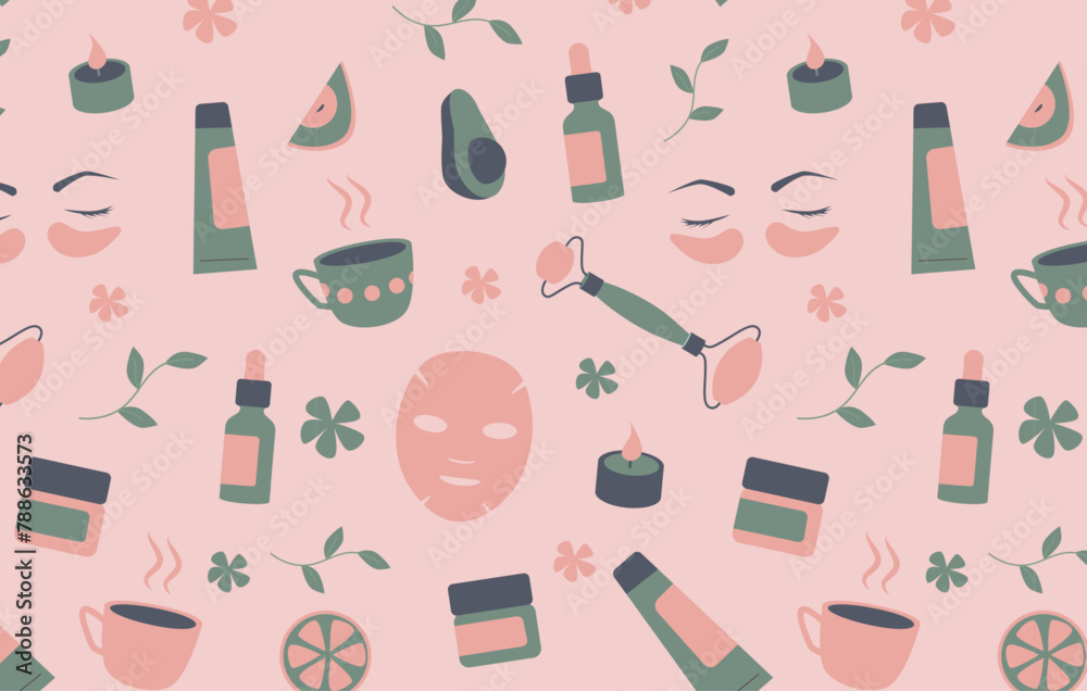 Home spa and wellness seamless pattern on pink background. Design for ...