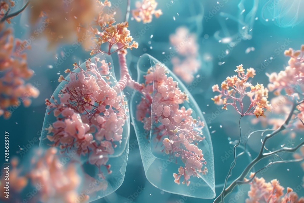 Foto de Lungs breathing, oxygen exchange, alveoli close-up, respiratory ...