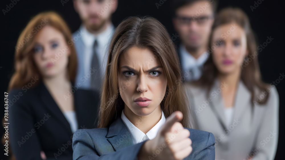 Businesswoman with a disapproving look, backed by a team of ...