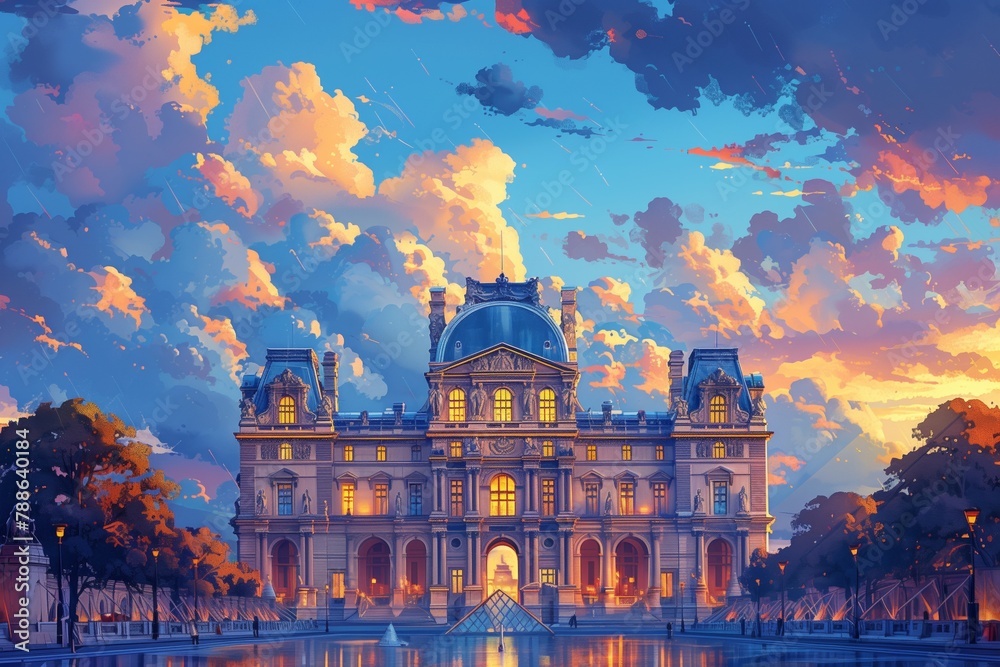 AI-generated vibrant depiction of the Louvre Museum, basked in golden ...
