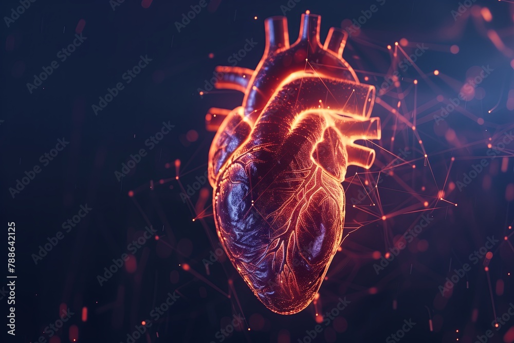 Diagram of the four-chambered human heart on a dark background. Еmpty ...