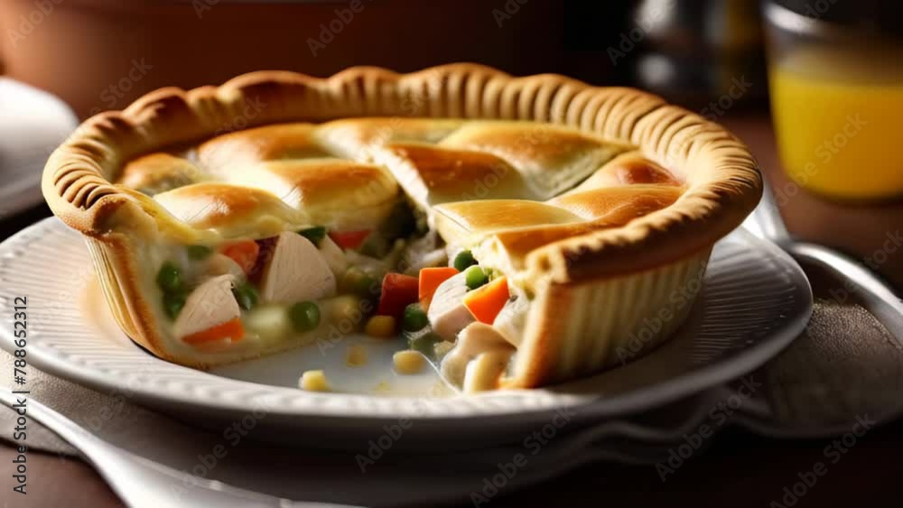 Hot chicken pot pie straight from the oven on white plate. Chicken pie ...