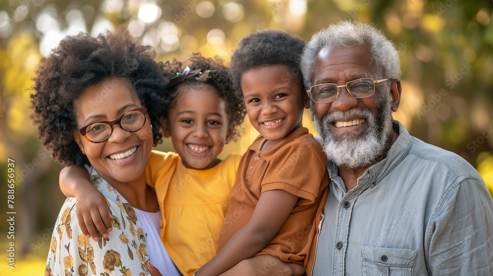 copy space, stockphoto, Happy multigenerational family of four smiling at the camera, with ...