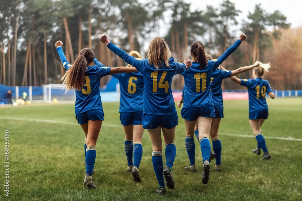 Group of young female soccer players celebrating victory from behind ...