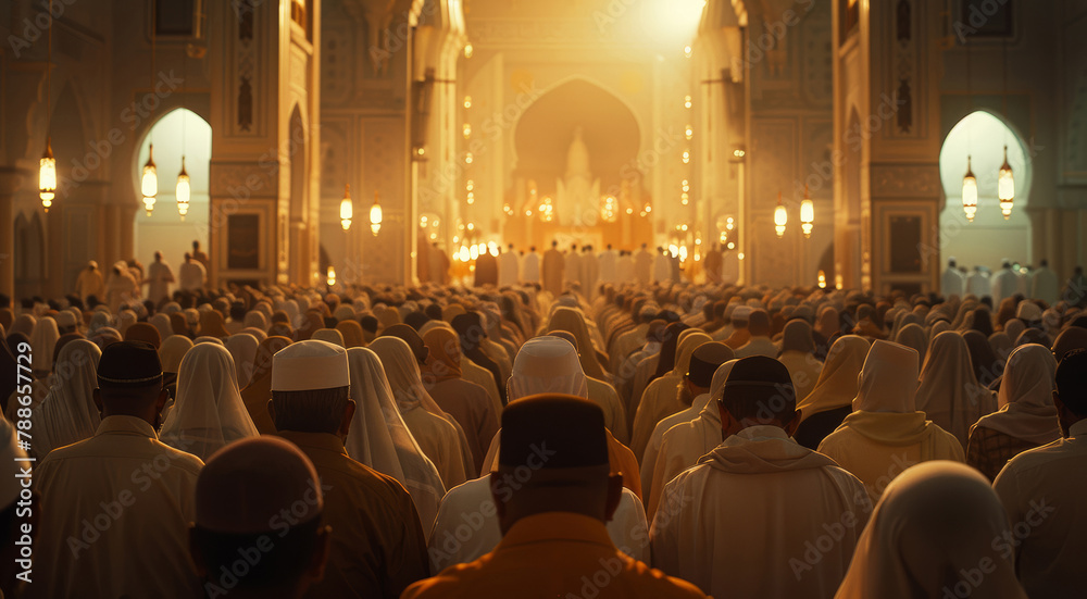 Muslim, Islam and men praying in mosque for worship, spiritual service ...