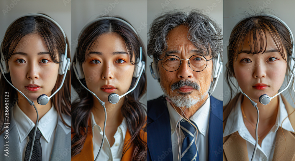 Four diverse customer service representatives wearing headsets, featuring two young women, an ...