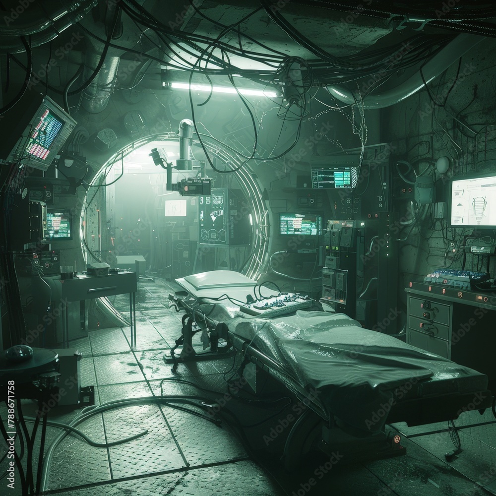A futuristic and dystopian science fiction laboratory with advanced ...