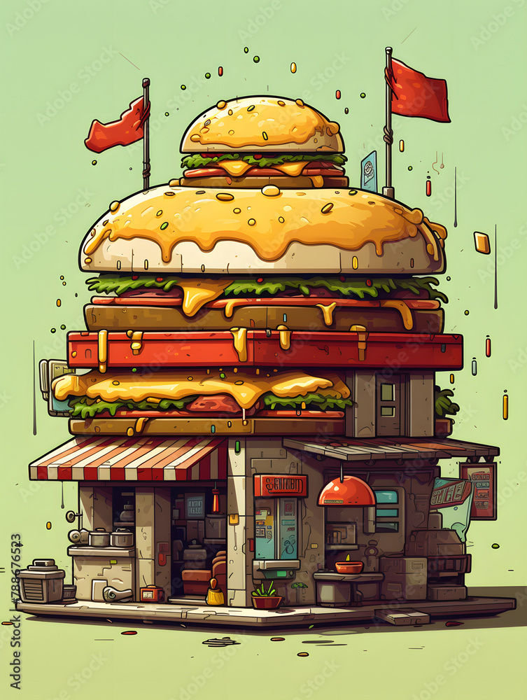 8 bit pixel burger restaurant, pixel restaurant, 8 bit burger place, 8 ...