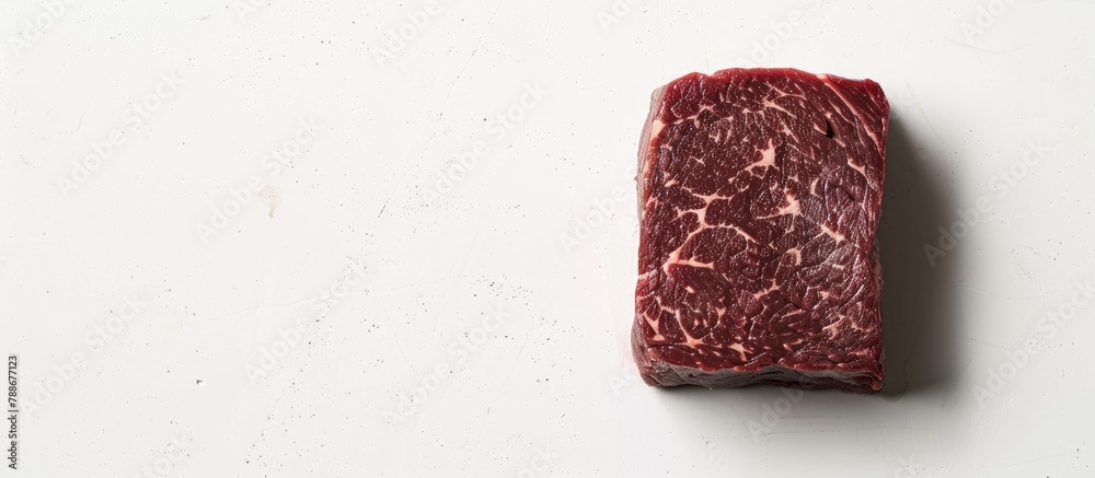 Raw dry-aged wagyu cote de boeuf beef block shown in close-up against a ...