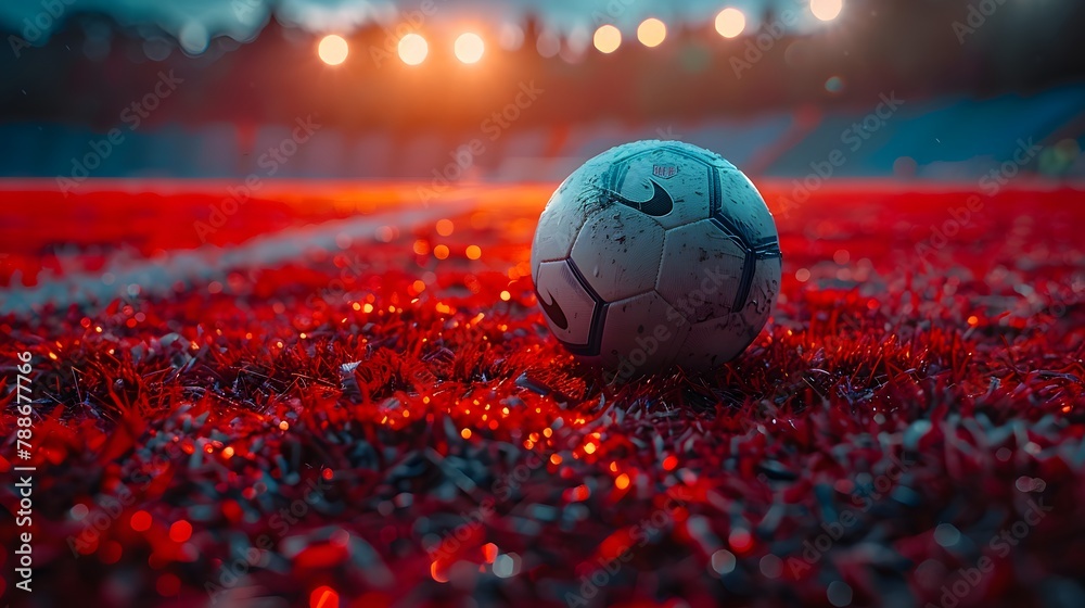 intensity of football with a ball resting on the deep maroon turf of a ...