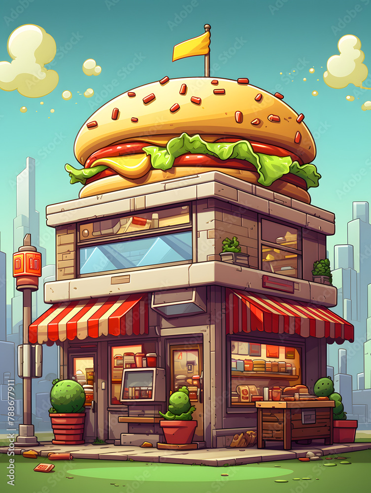 8 bit pixel burger restaurant, pixel restaurant, 8 bit burger place, 8 ...