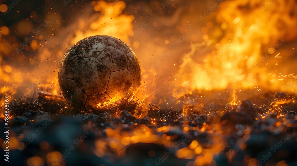 intensity of the game with a football positioned on the fiery orange ...