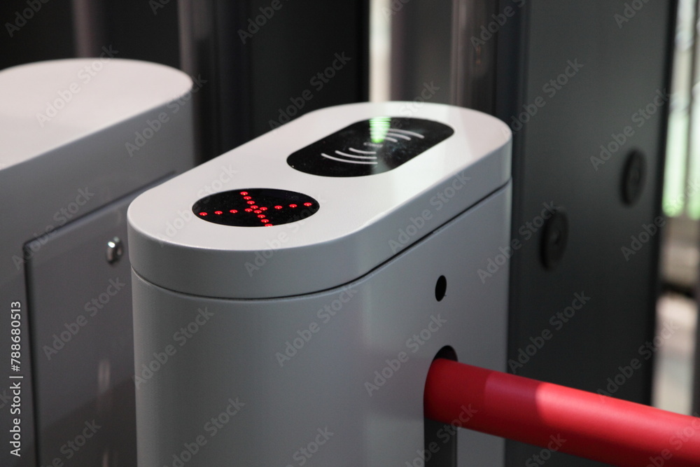 Gate turnstile barrier with lighting Red cross sign - no entrance Stock ...