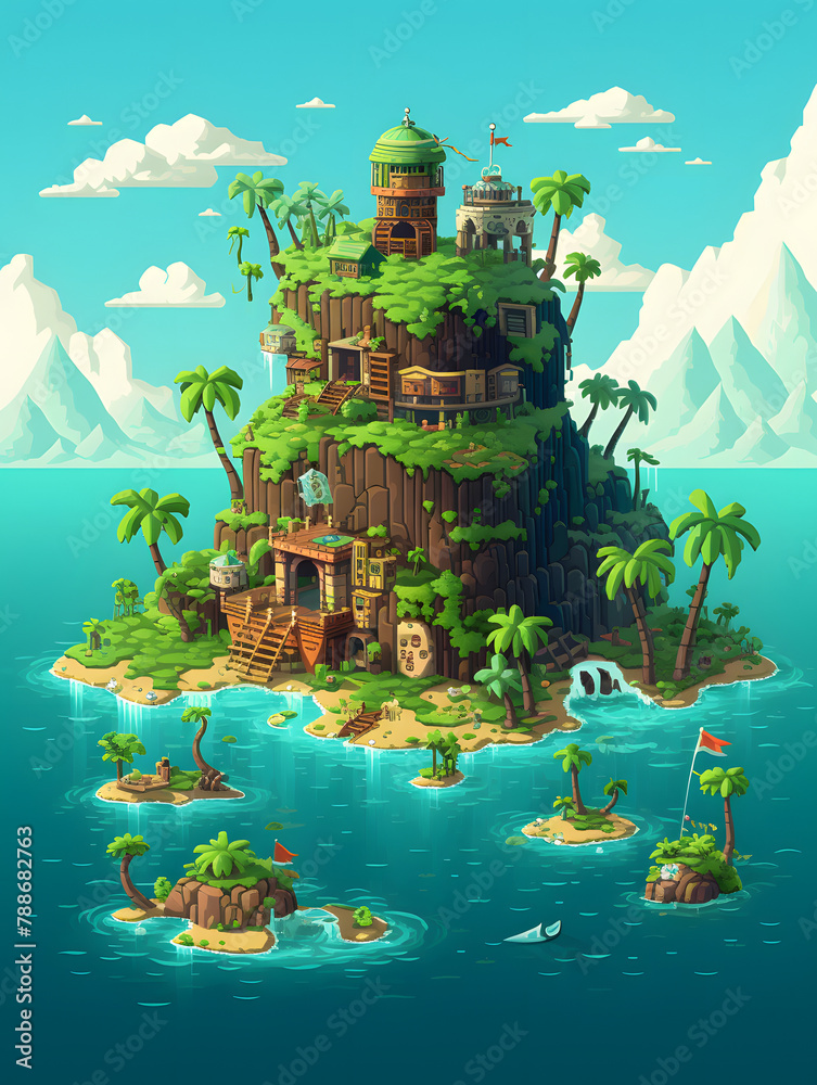 8 Bit pixel island, pixel island, island tropical illustrated pixel 8 ...