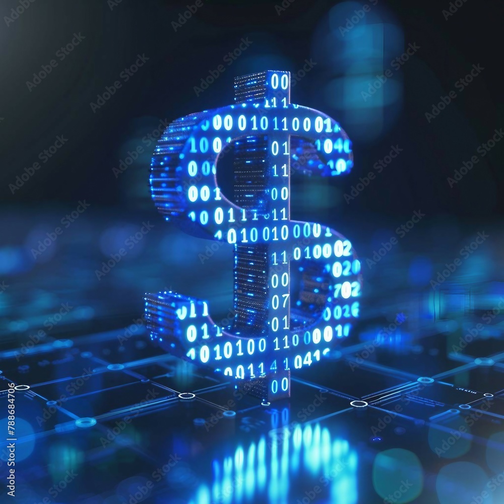 digital blue dollar "$" icon with binary code, ai in financial ...