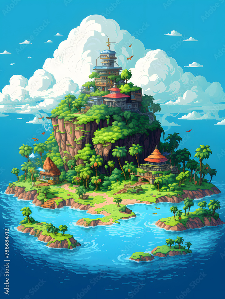 8 Bit pixel island, pixel island, island tropical illustrated pixel 8 ...