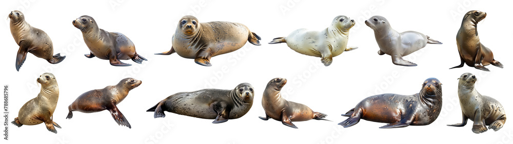 Various poses of seals cut out png on transparent background Stock ...