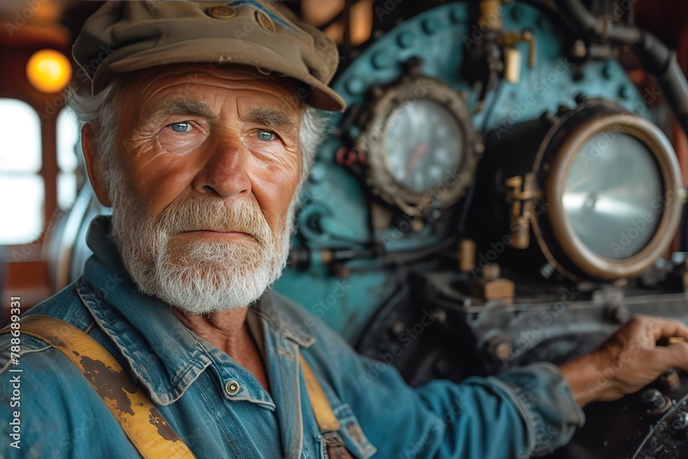 A train engineer with a weathered face and a well-worn cap, gripping ...