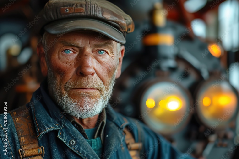 A train engineer with a weathered face and a well-worn cap, gripping ...