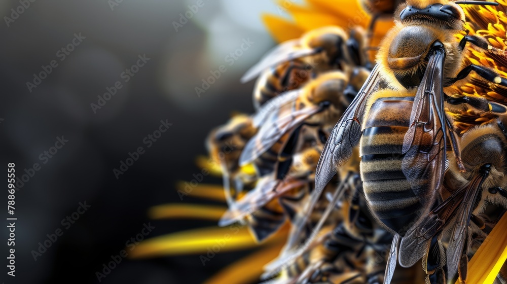 Queen bee surrounded by bees that support and feed. Copy space image. Place for adding text or ...