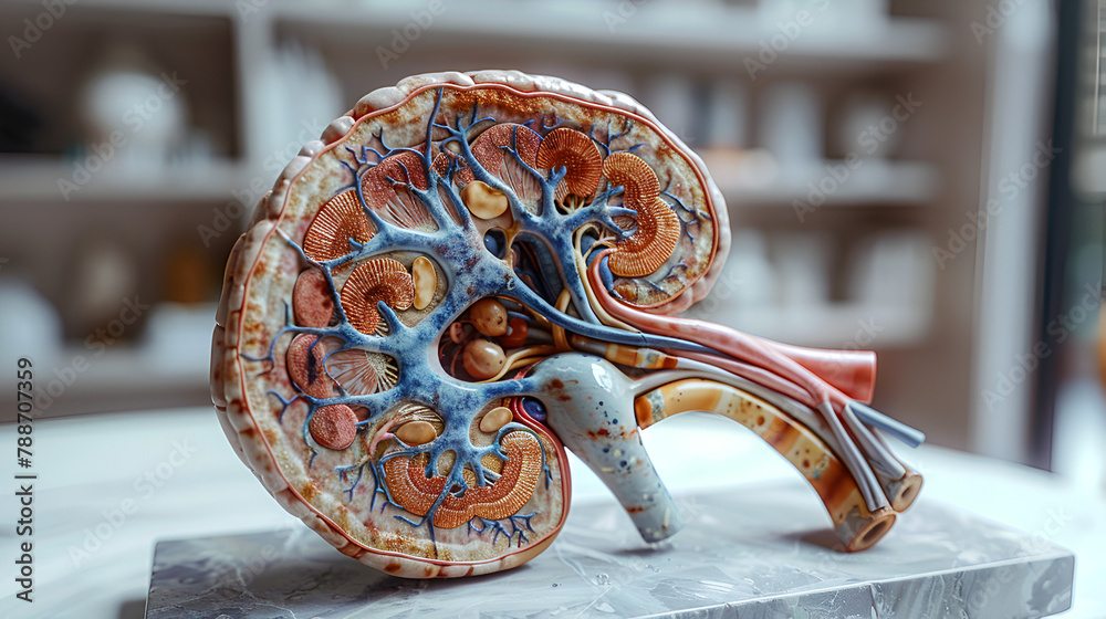 3D Cross Section View of Human Kidney, Anatomical graphic showing the ...