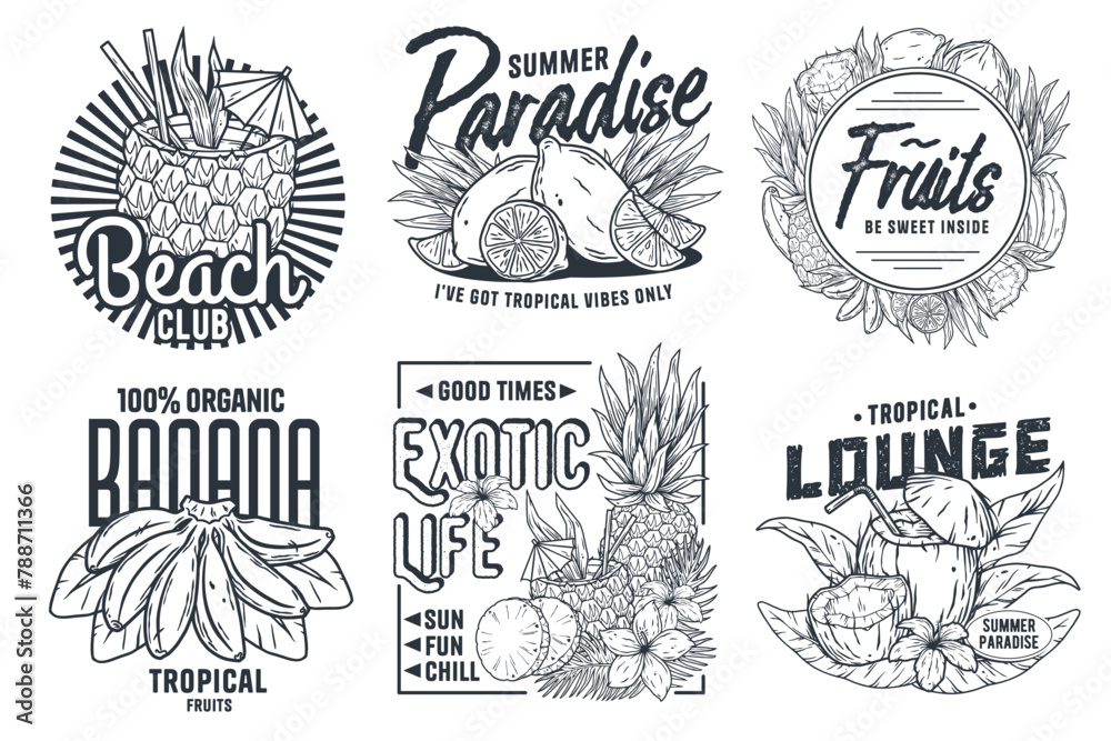 Hand-drawn tropical fruit emblem set with summer slogans for paradise ...