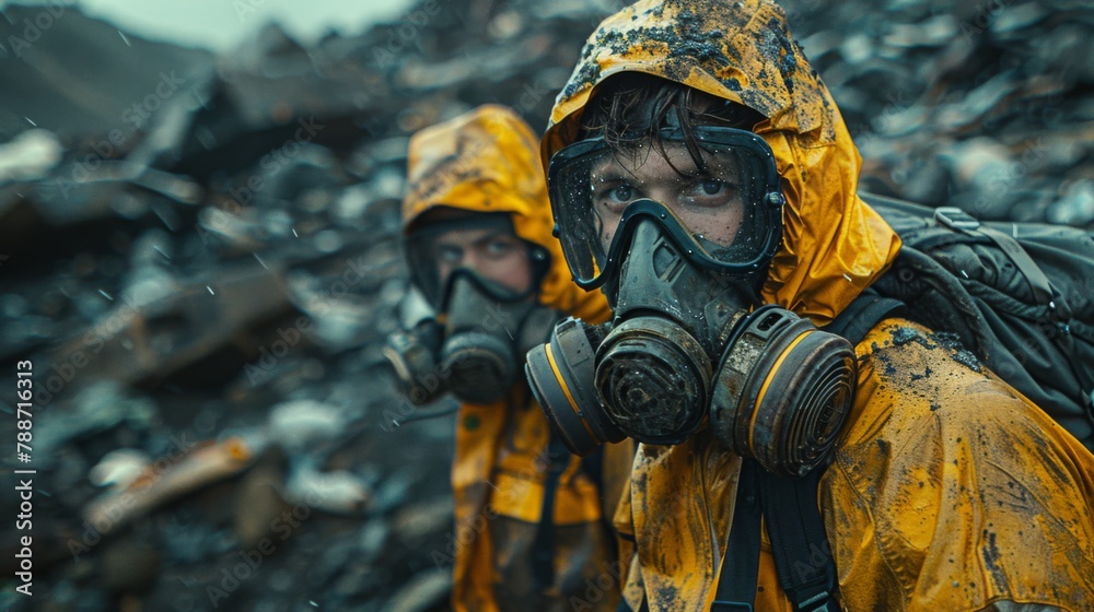 Surrounded by a mountain of garbage, trash, and plastic waste, two men ...