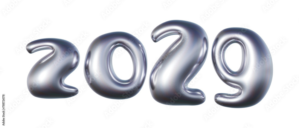 Year 2029 written in three-dimensional Y2K glossy chrome blob lettering ...