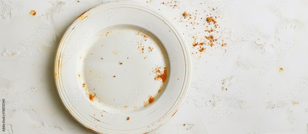 Top-down perspective of an empty plate, soiled after the meal, set ...