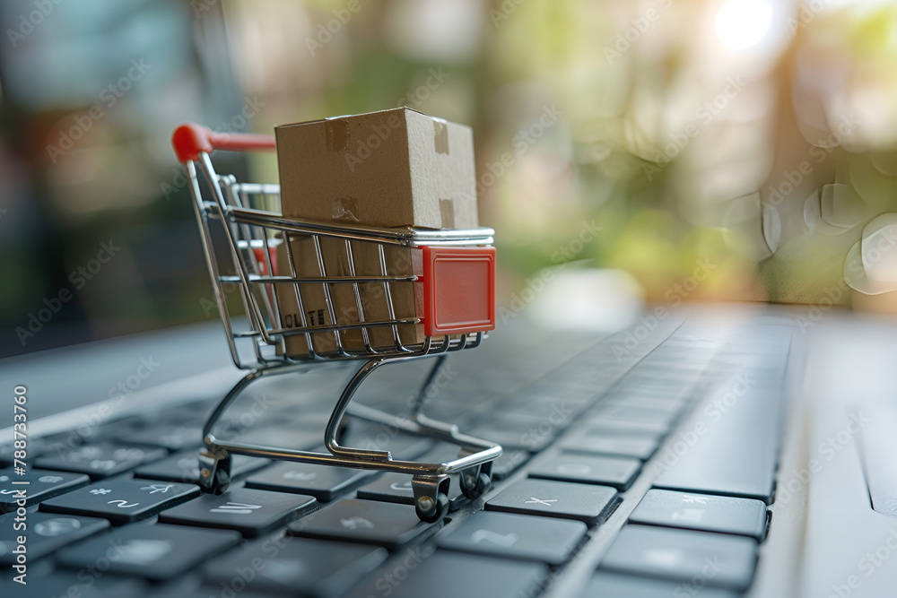 Shopping online. Cardboard box with a shopping cart logo in a trolley ...