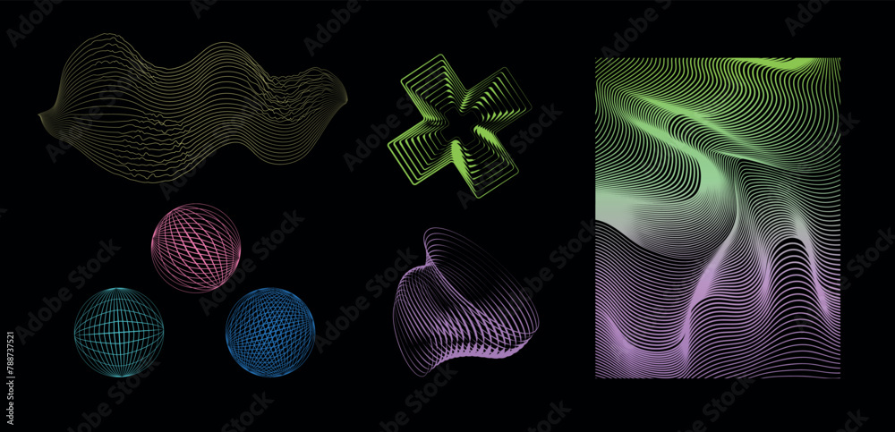 Geometry wireframe shapes, wave lines, circles, cross sign. Neon linear ...