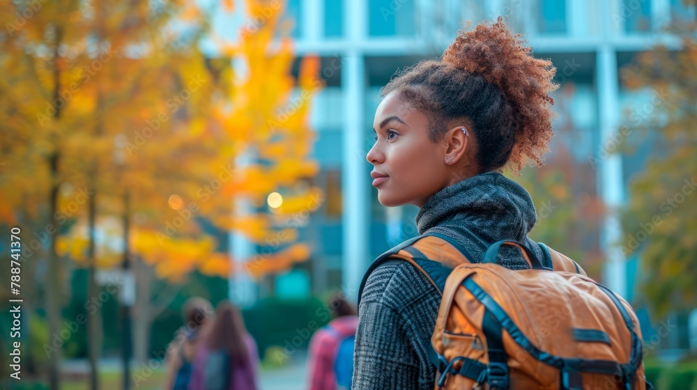 African American immigrant student in university campus. Young woman ...