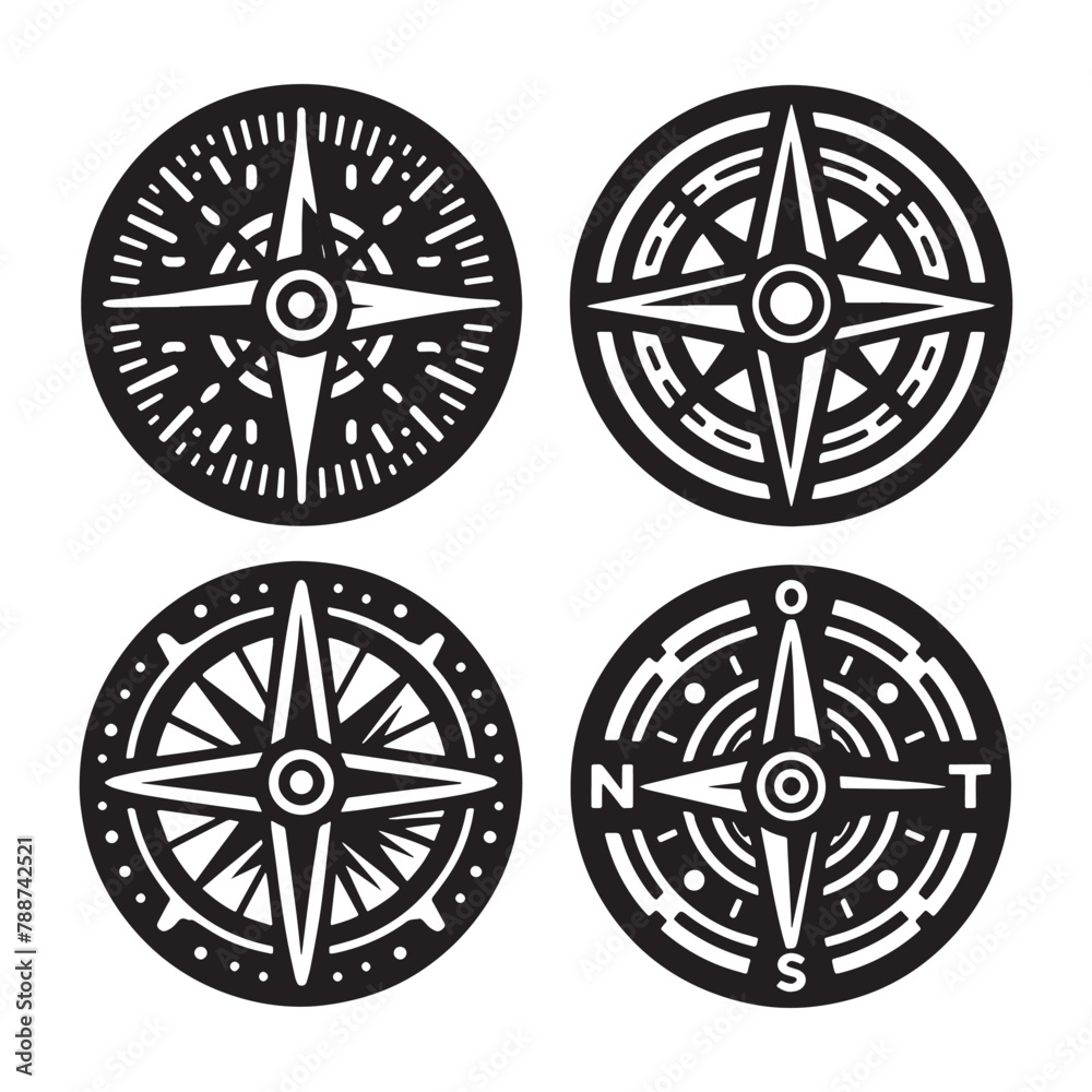 compass icon silhouette set, Classic Compass Icon, Black & White ...